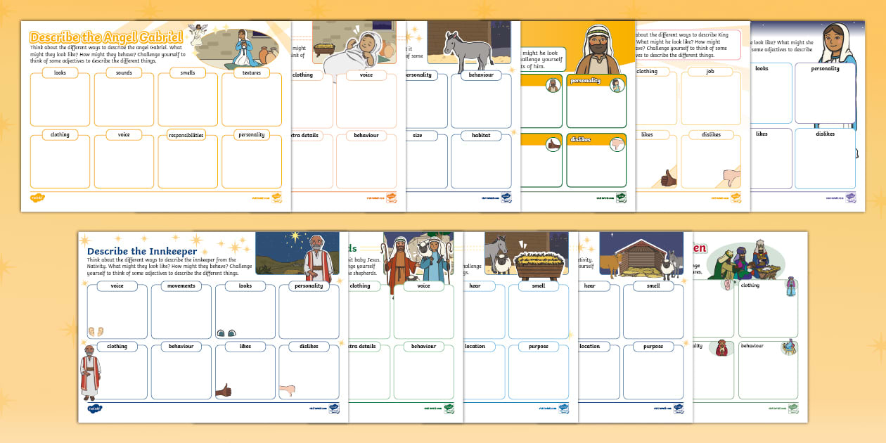 Nativity Themed Adjectives Worksheets Pack - Twinkl