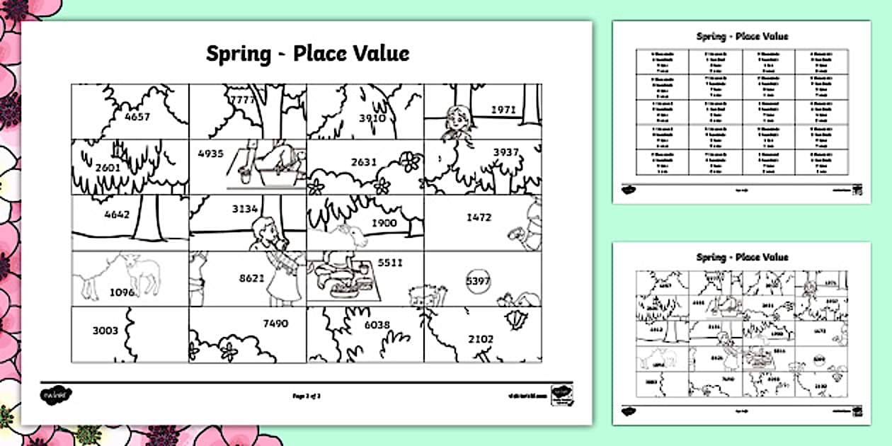 Spring-Themed 4-Digit Place Value Colouring Assessment Sheet Worksheets