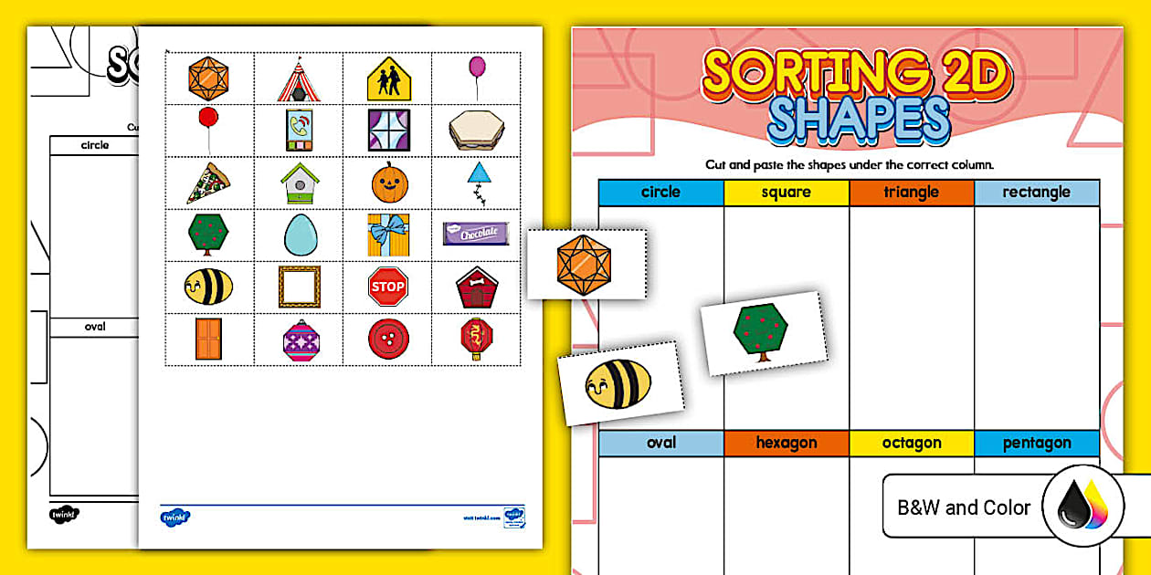 Sorting 2D Shapes Cut and Paste Worksheet for PK-K - Twinkl