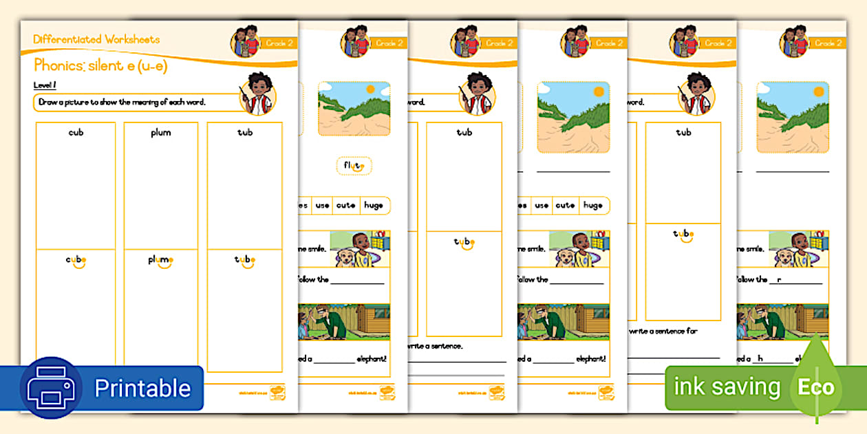 Grade 2 Phonics: Silent e (u-e) Differentiated Worksheets