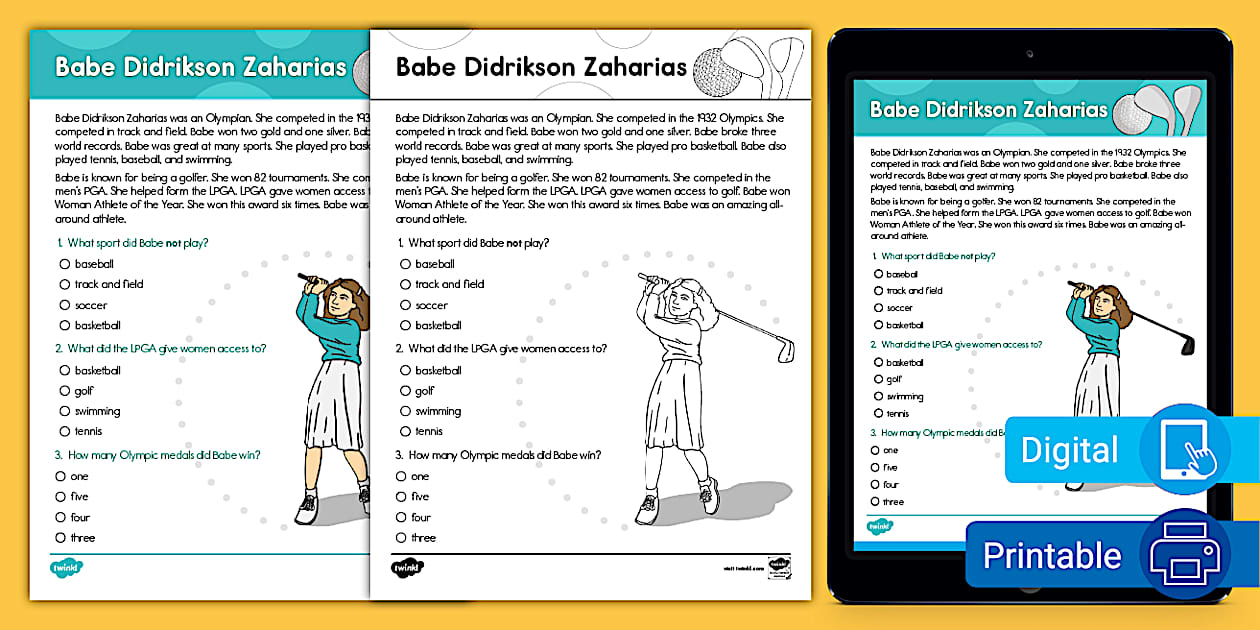 Babe Didrikson Zaharias Reading Passage Comprehension
