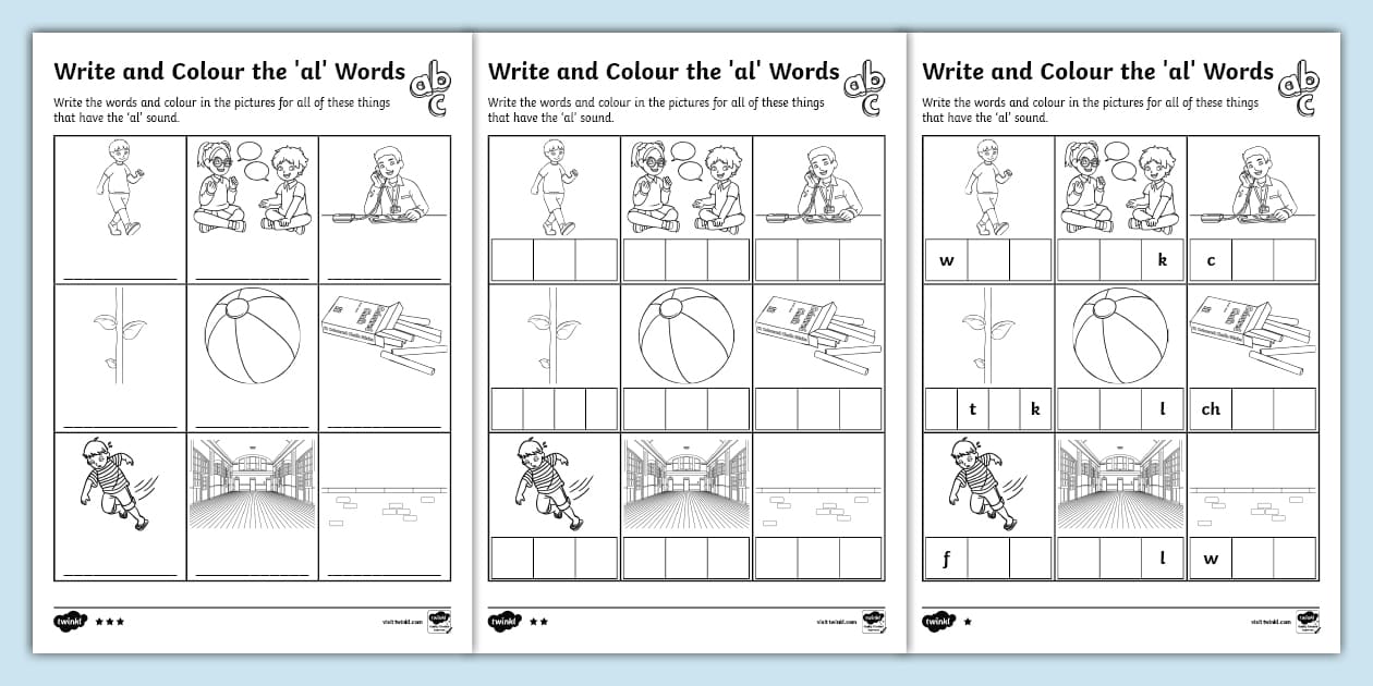Write and Colour the 'al' Words Worksheets (teacher made)