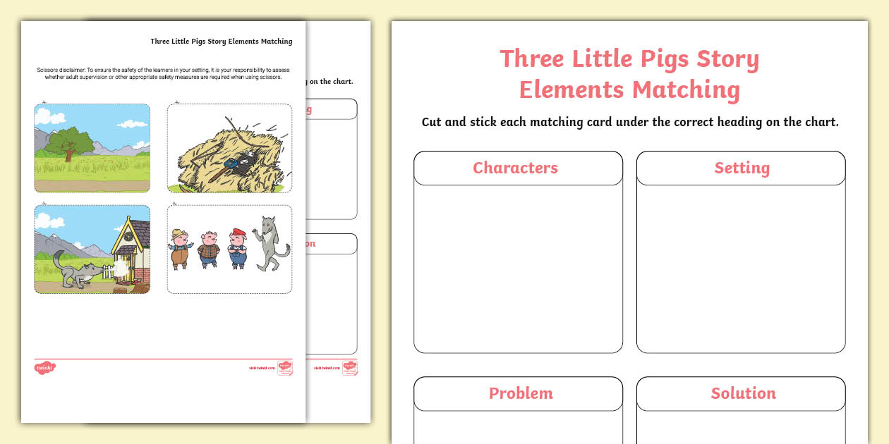 Three Little Pigs Story Elements Matching Worksheet - Twinkl