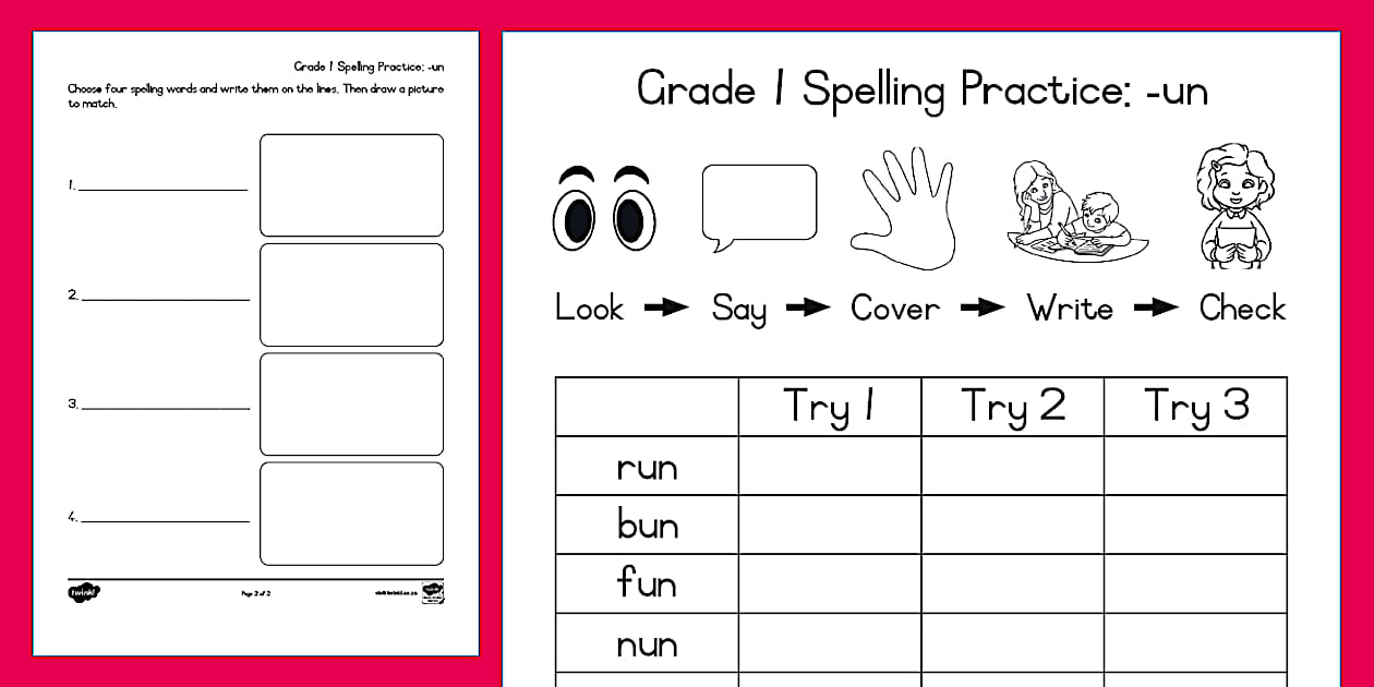 Grade 1 English -Phonics - Worksheet: Spelling Practice -un