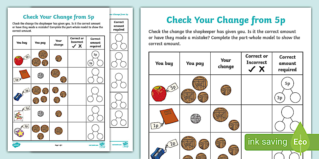 👉 Check Your Change From 5p Worksheet (teacher made)