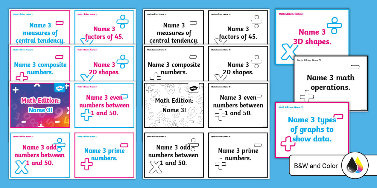 Math Edition: Name 3 Game Cards for 3rd-5th Grade - Twinkl