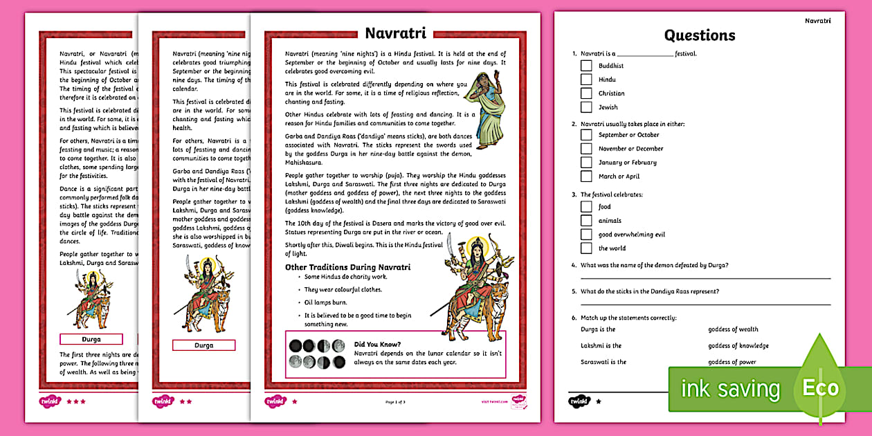 Navratri Differentiated Reading Comprehension Activity