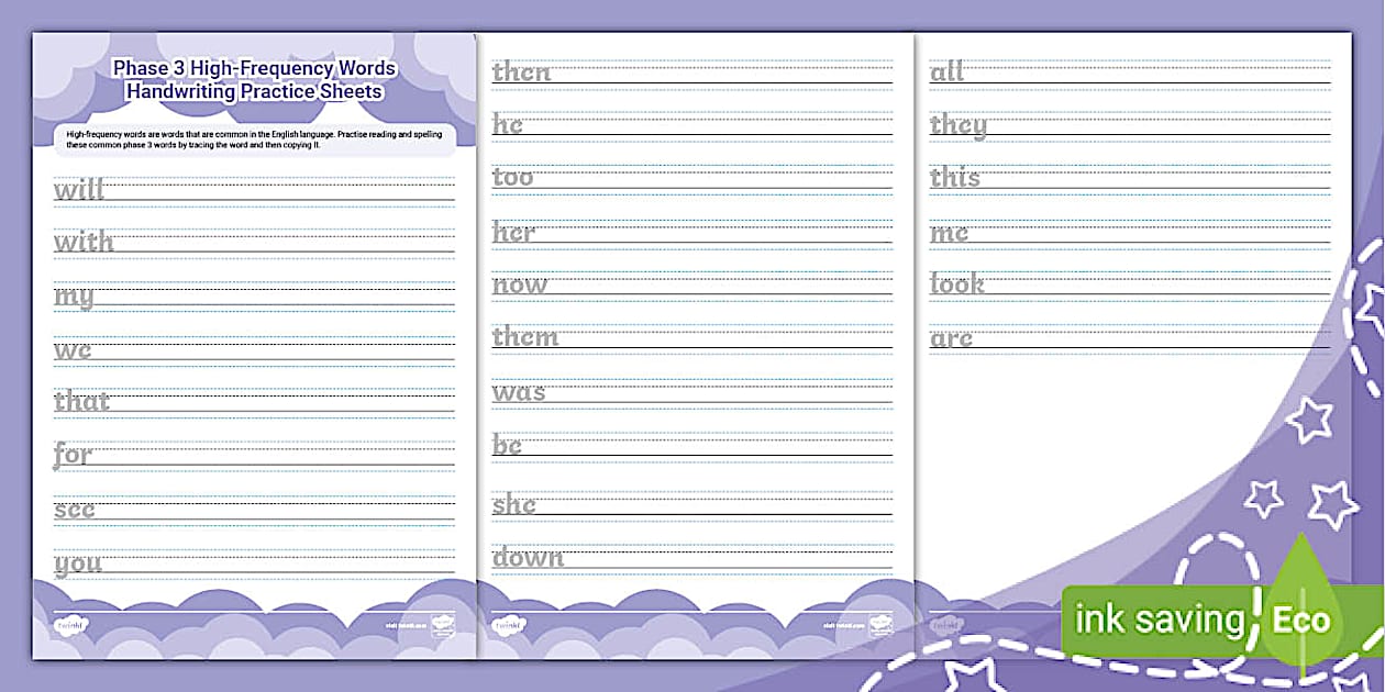 Phase 3 High-Frequency Words Handwriting Practice Sheets
