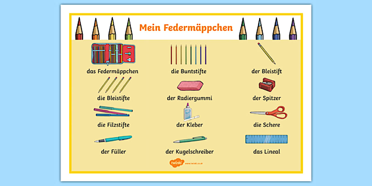 Editable Pencil Case Objects German Word Mat - Twinkl