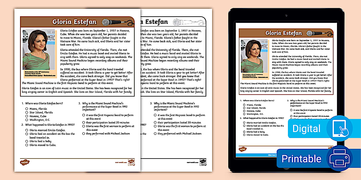ourth Grade Gloria Estefan Reading Comprehension Worksheet