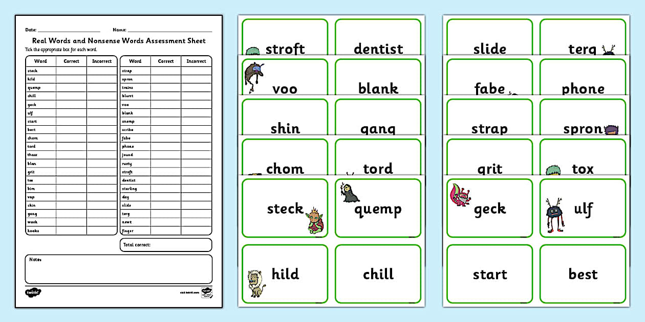 Cursive KS1 Real Words and Nonsense Words Assessment Sheets