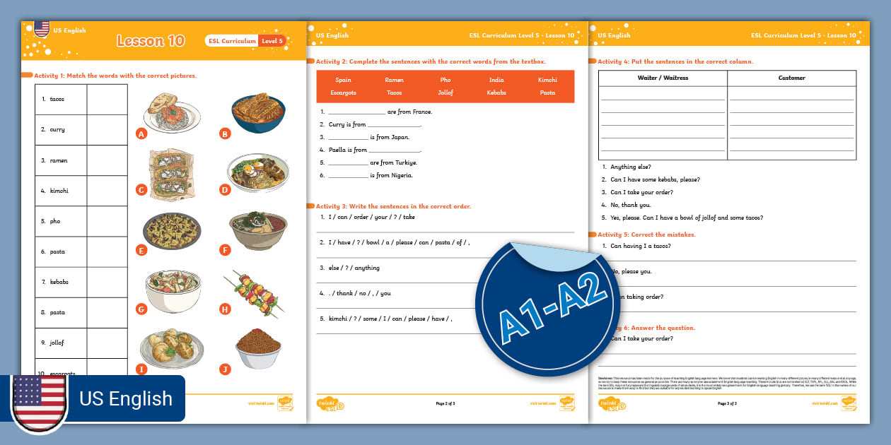 Twinkl ESL Curriculum Level 5 Lesson 10 Activity Sheet