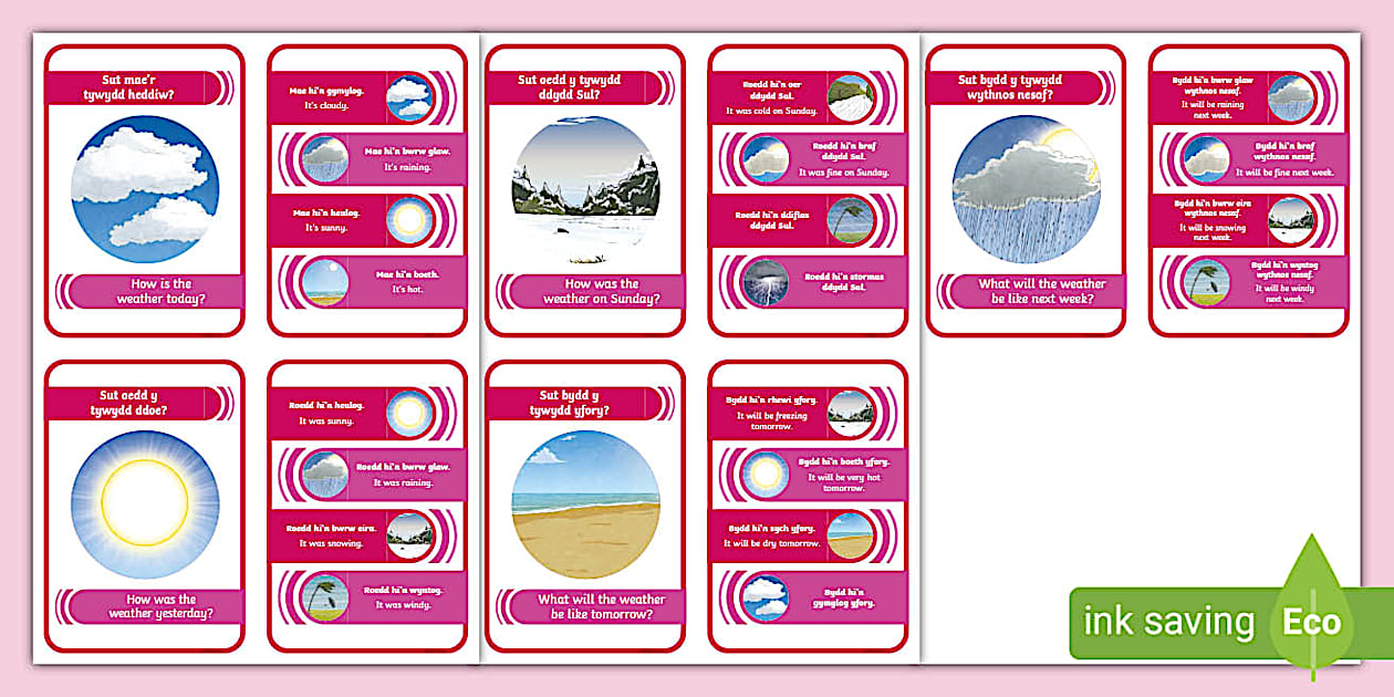 Learn Welsh 11-14: Cardiau Fflach y Tywydd / Weather Flashcards