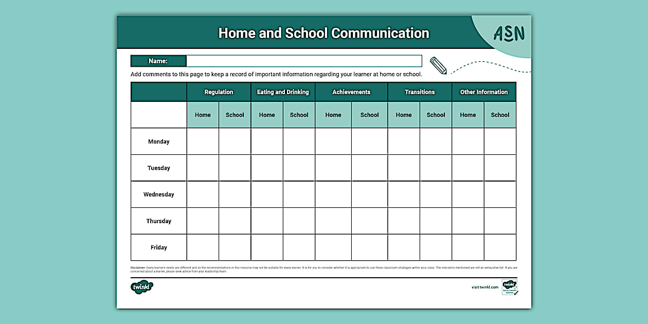 Home and School Communication Chart (Teacher-Made) - Twinkl