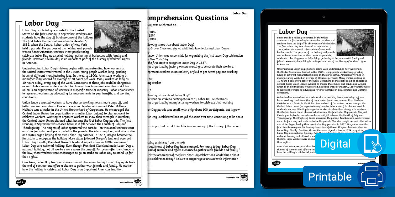 Sixth Grade Info. Reading: Labor Day Reading Comprehension