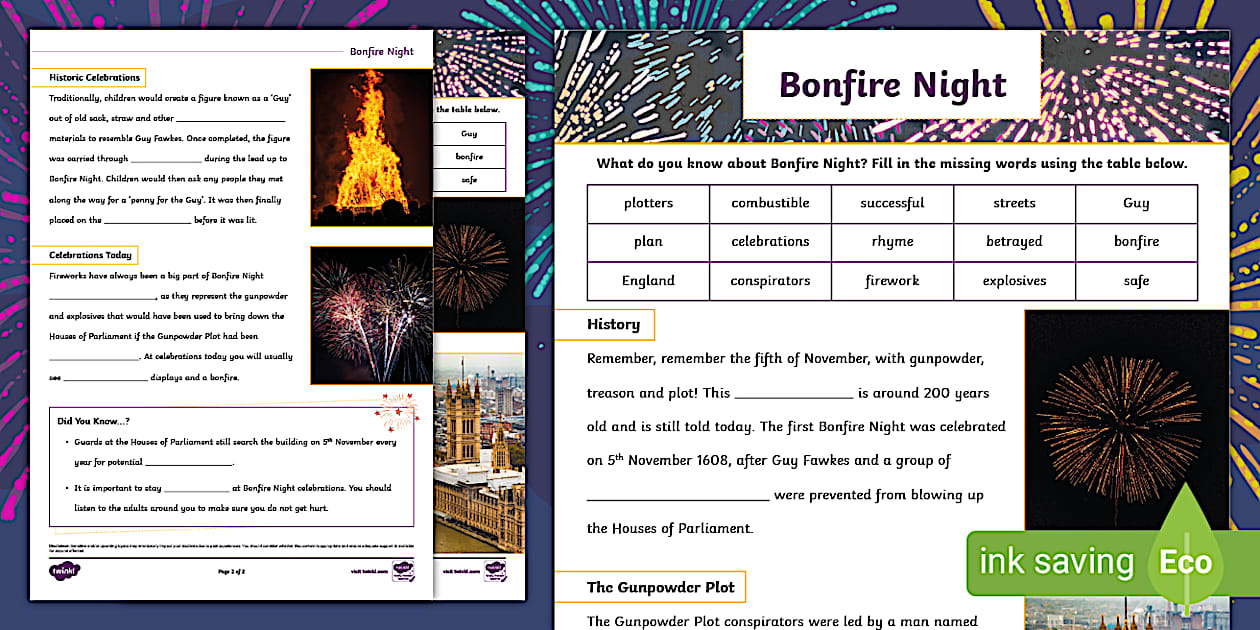 Bonfire Night Cloze Worksheet (teacher made) - Twinkl