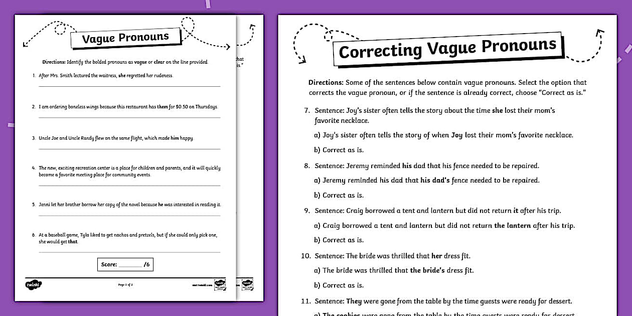 Sixth Grade Vague Pronouns Assessment (Teacher-Made)