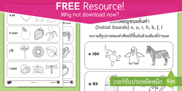 FREE! - ใบงานเสียง Phonics เสียงพยัญชนะต้นคำ e, u, r, h, b, f, l