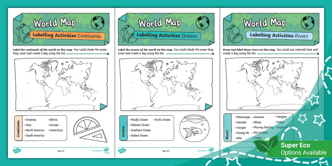 World Map Labelling Activities (Ages 5 - 7) (teacher made)