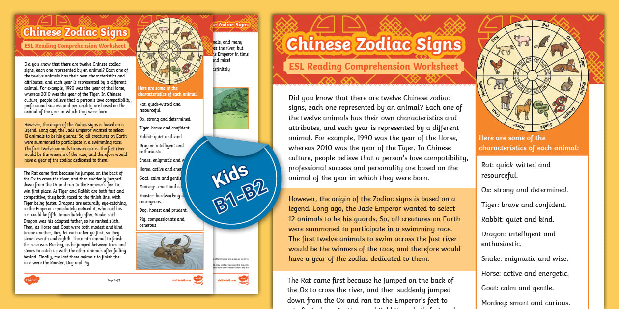 ESL Chinese Zodiac Signs Reading Comprehension Worksheet [Kids, B1-B2]
