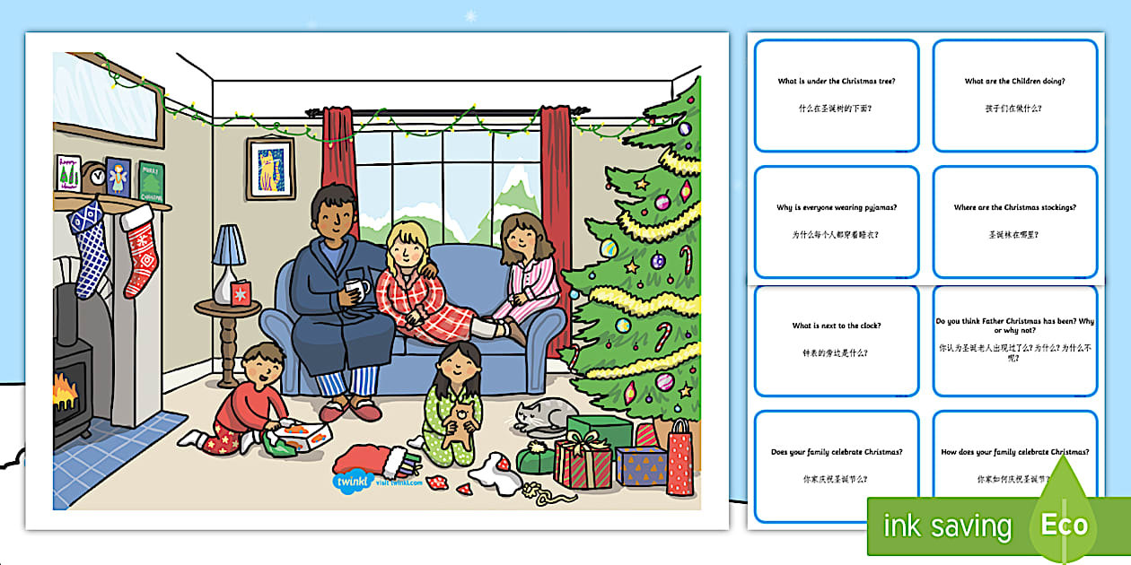 Christmas Morning Scene and Question Cards English/Mandarin Chinese
