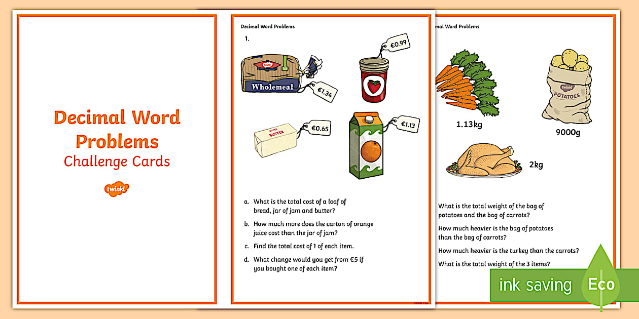 Adding and Subtracting Decimals Word Problems Cards - Year 6