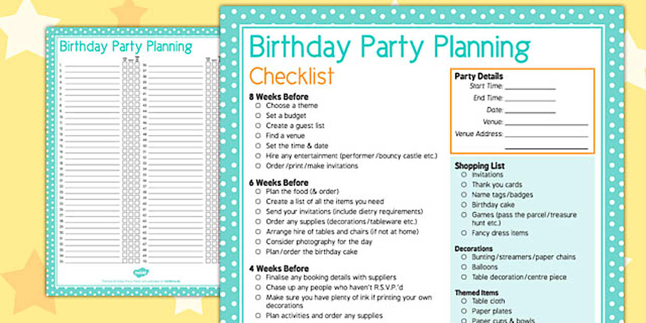 Birthday Party Planning Checklist - Twinkl