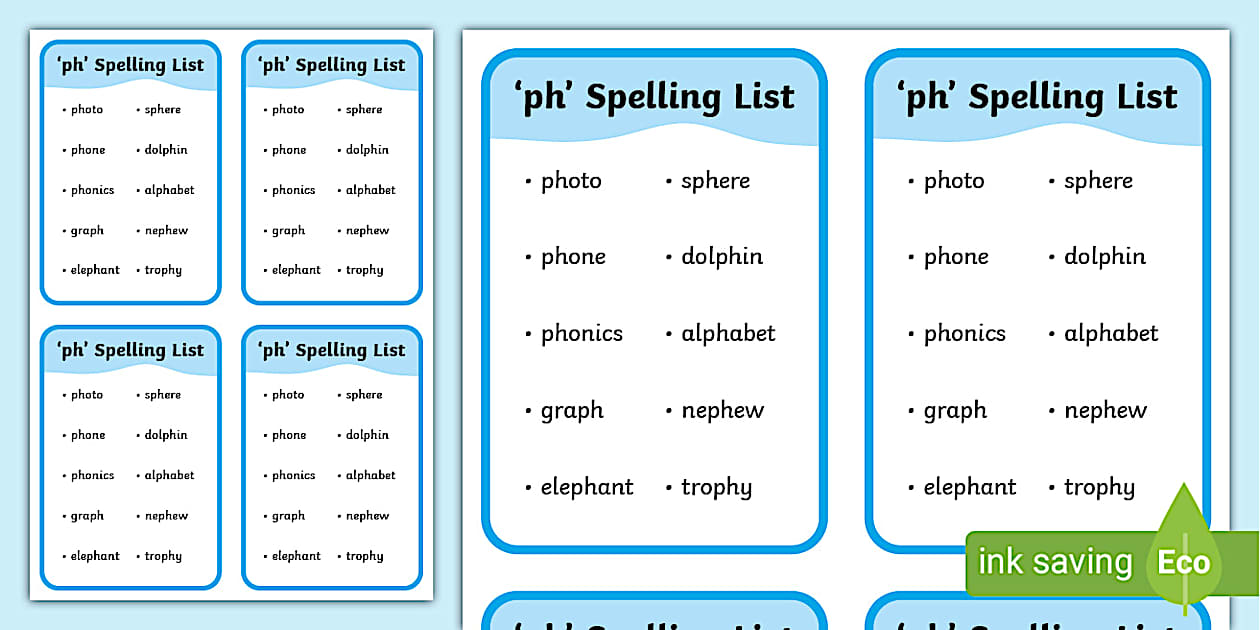 'ph' Sound Spelling List