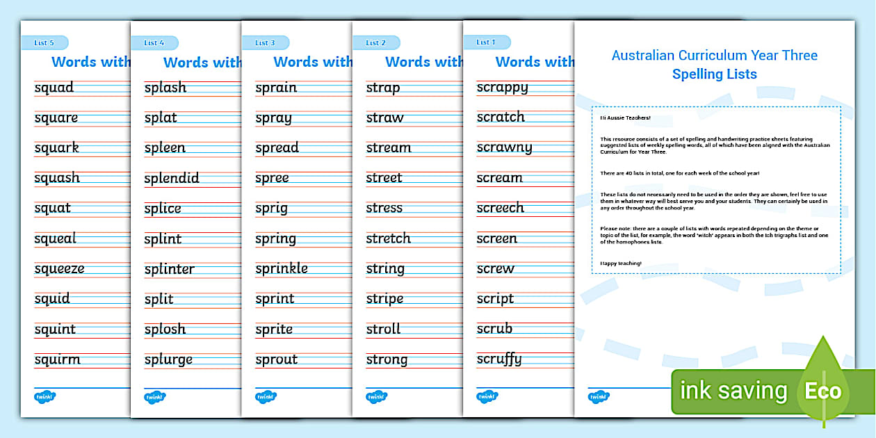 Australian Curriculum Year 3 Spelling and Handwriting Sheets