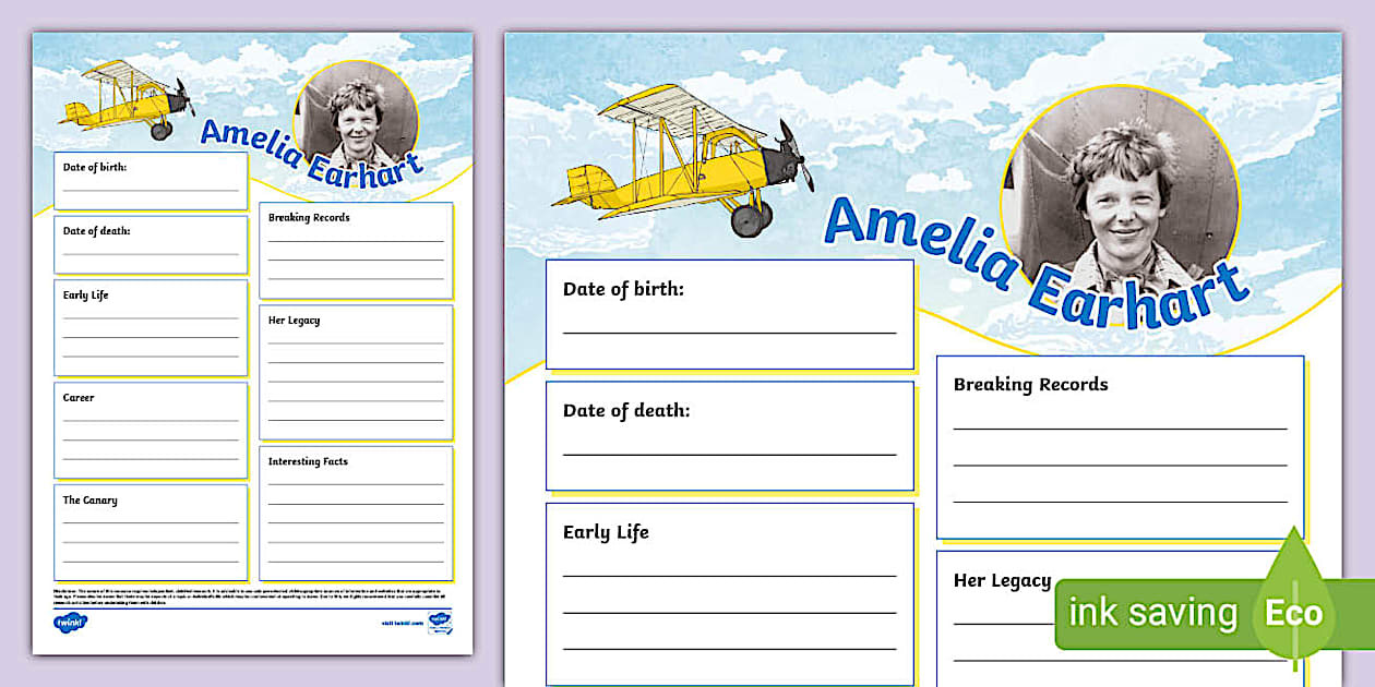 Amelia Earheart Fact File Template (teacher made) - Twinkl