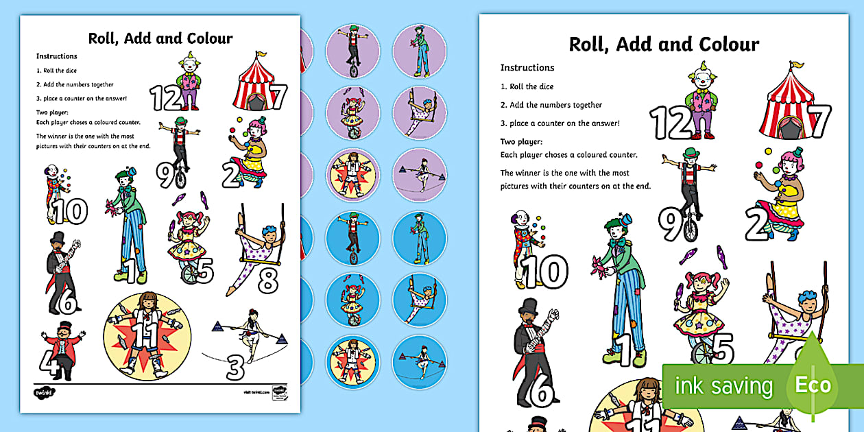Black and White Circus Roll, Count and Place a Counter Worksheet