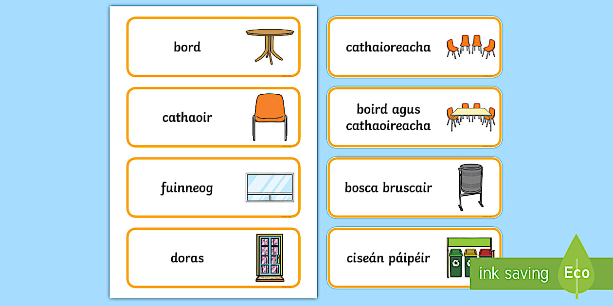 Classroom Furniture Labels Gaeilge (teacher made) - Twinkl