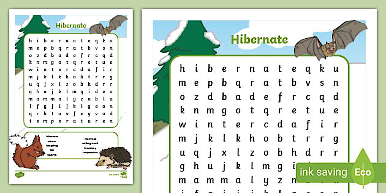 Hibernation Word Search | Animals That Hibernate Word Search