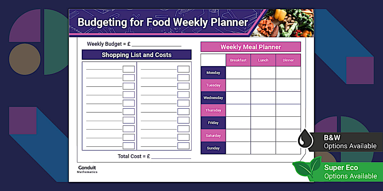Reinforcing Life Skills: Budgeting For Food Weekly Planner