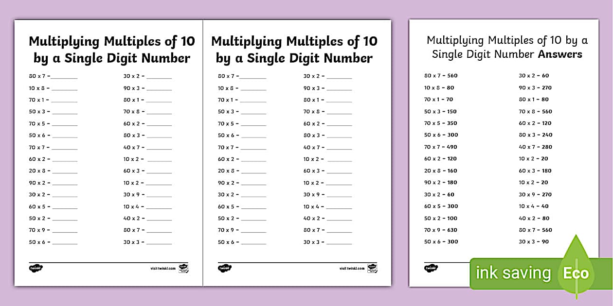 Multiplying Multiples of 10 by 1 Digit Numbers - A5 Worksheet