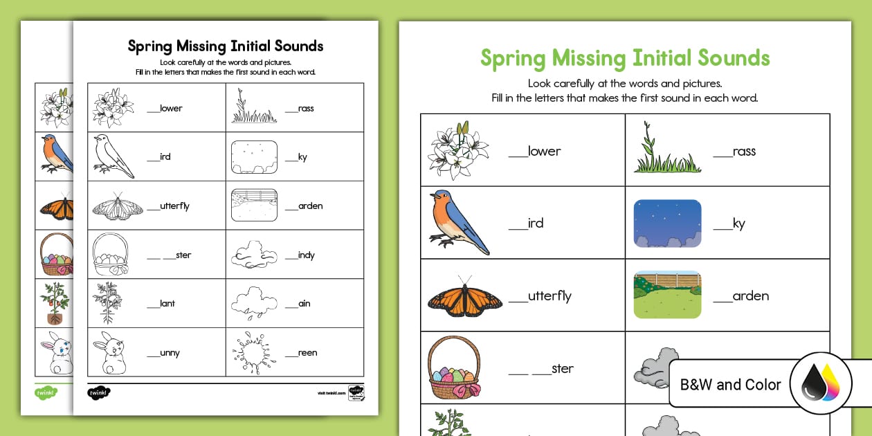 Black and White Spring Initial Missing Sounds Worksheet for K-1st Grade