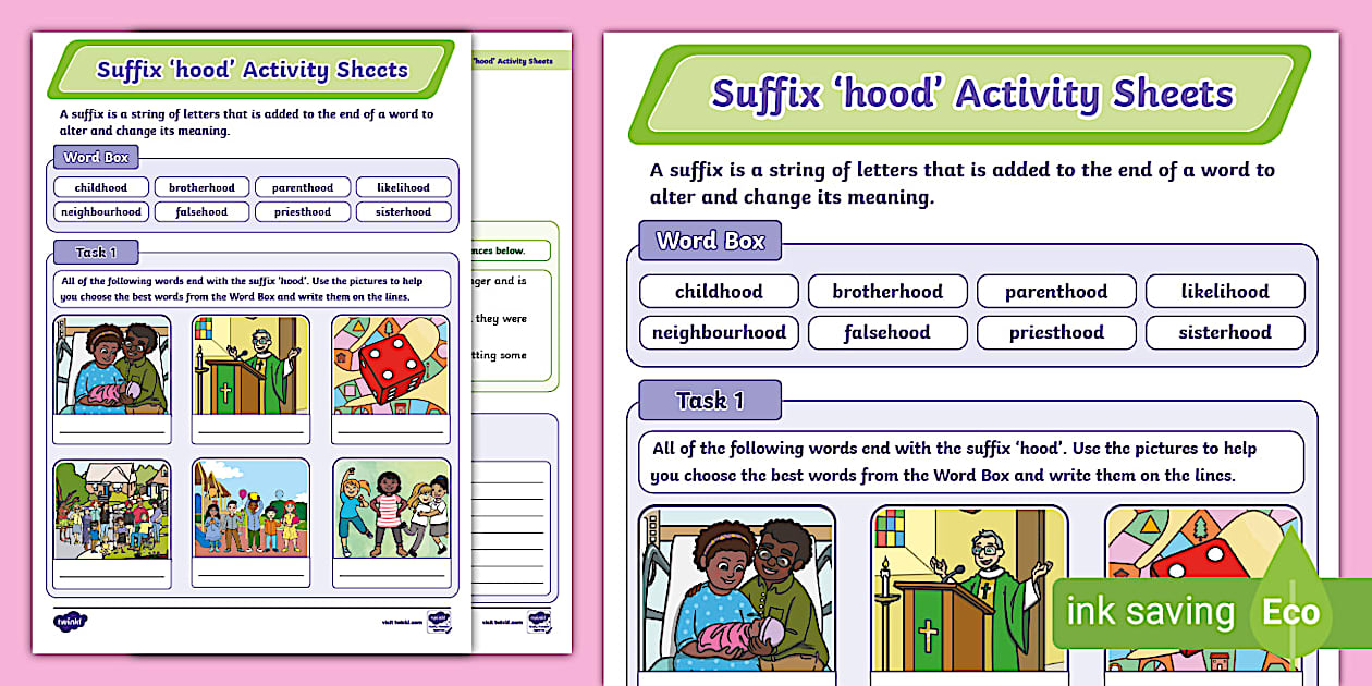 Suffix 'hood' Activity Sheets (teacher made) - Twinkl