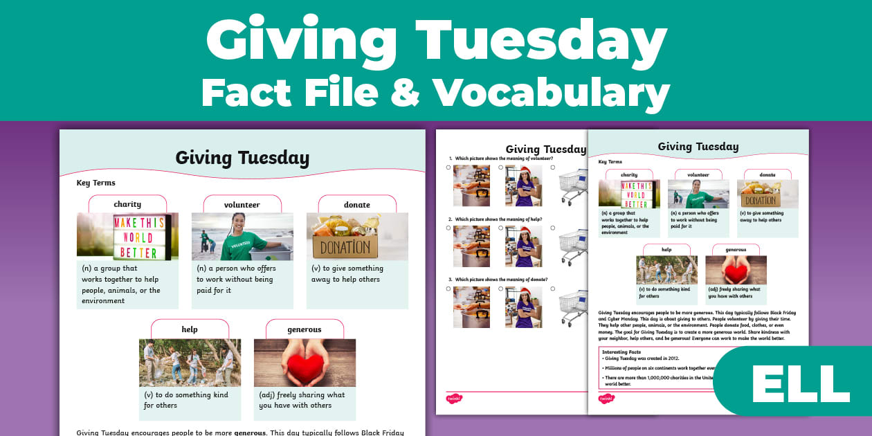 Giving Tuesday Fact File and Vocabulary Questions for ELL