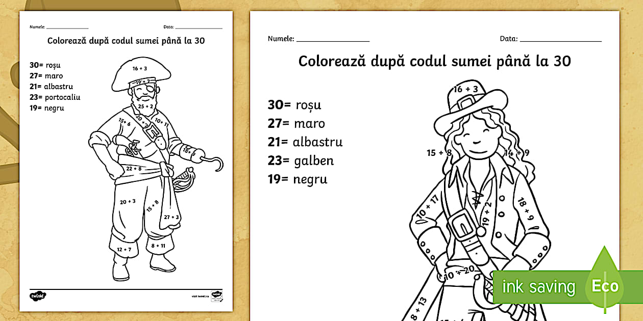 Adunări până la 31 cu tema „Pirați” Colorează după codul numerelor