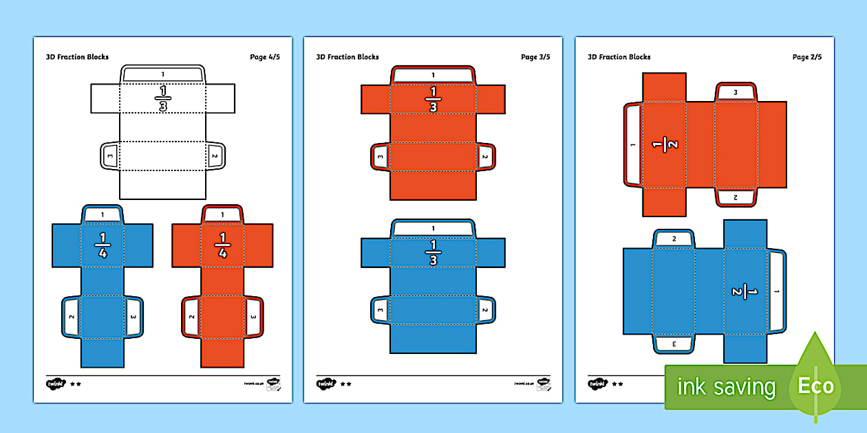 Simple 3D Fraction Blocks Teaching Aid Paper Craft - Twinkl