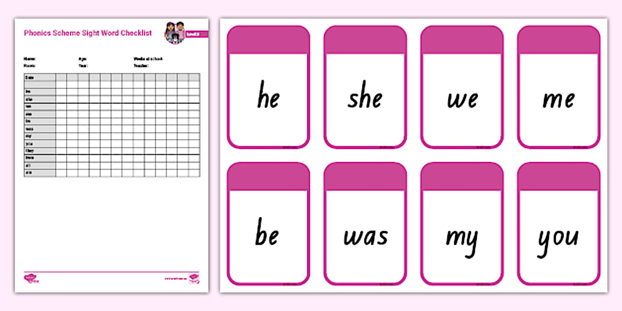 Phonics Scheme: Level 3 Sight Word Cards and Checklist