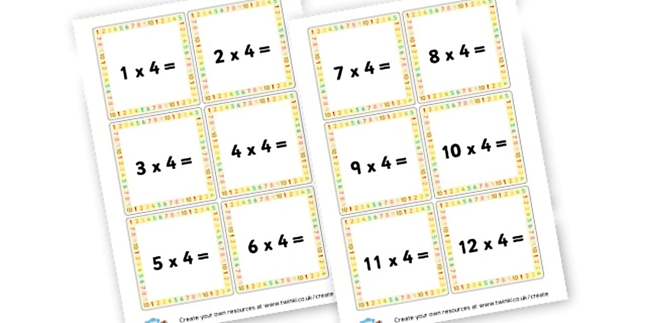 4 Times Table Cards - Calculations Times Tables Primary Resources