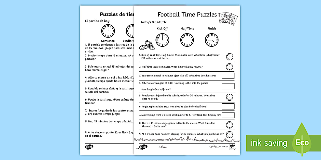 Football Themed Time Worksheet / Worksheet English/Spanish - Football ...