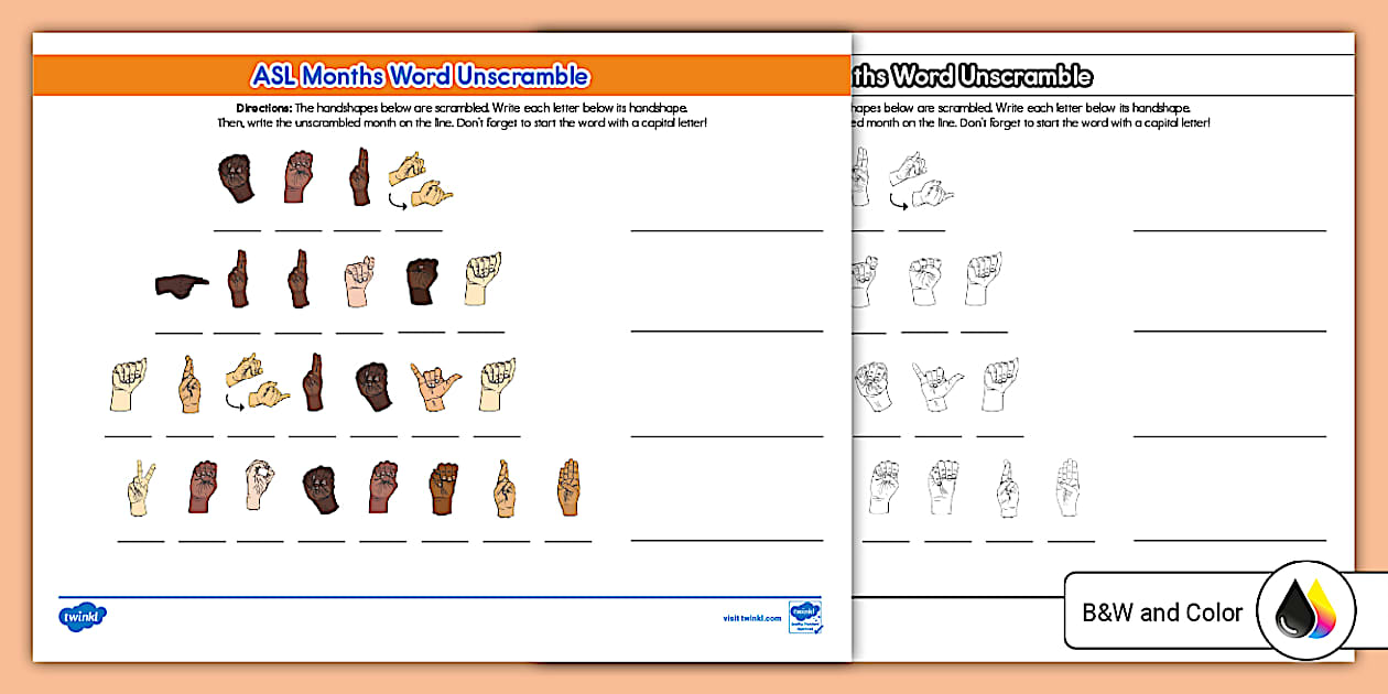 ASL Months of the Year Word Unscramble Worksheet Part 3