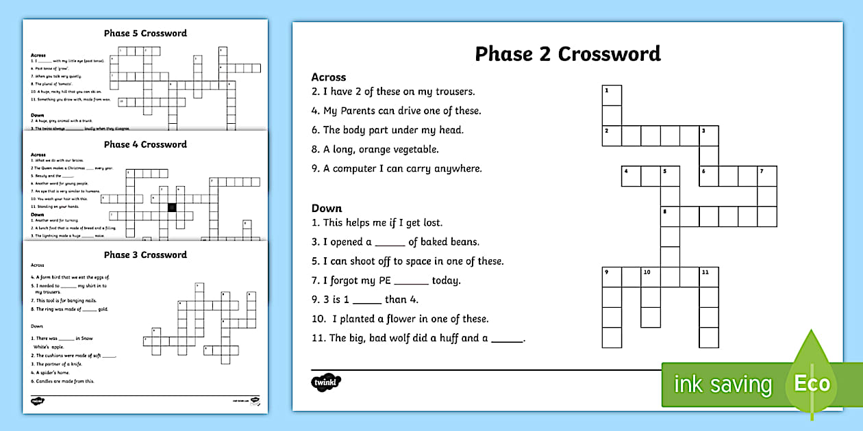 Phase 2 to 5 Phonics Crossword Resource Pack - Phase 2 Crossword