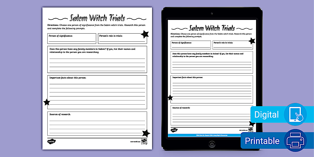 Salem Witch Trials Research Worksheet for 6th-8th Grade