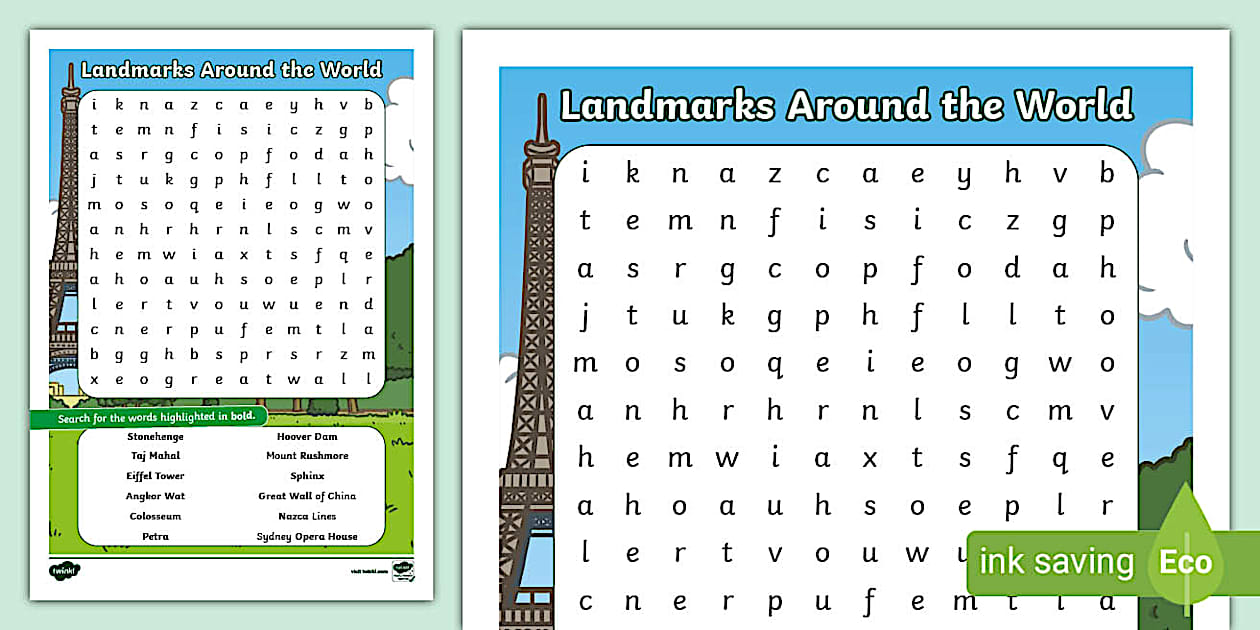 Landmarks Around the World Word Search - KS1 (teacher made)