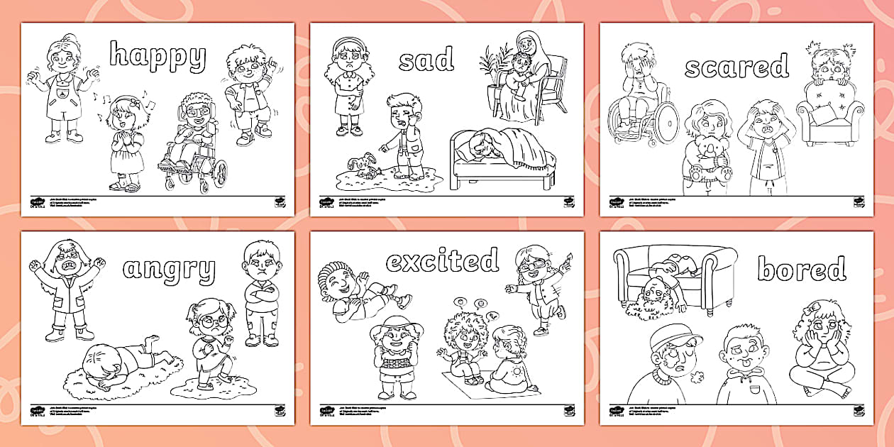 Feelings and Emotions Picture and Word Colouring Pages