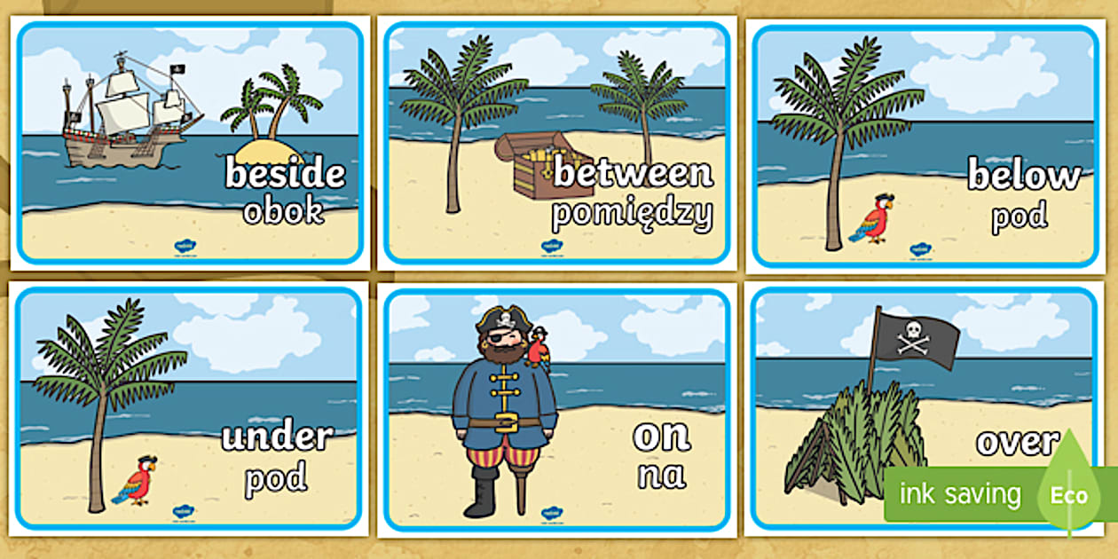 Pirate Positional Language Posters English/Polish - Twinkl