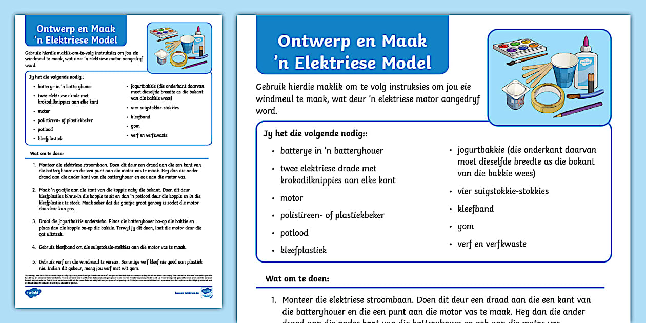 Ontwerp en Maak 'n Elektriese Model (teacher made) - Twinkl